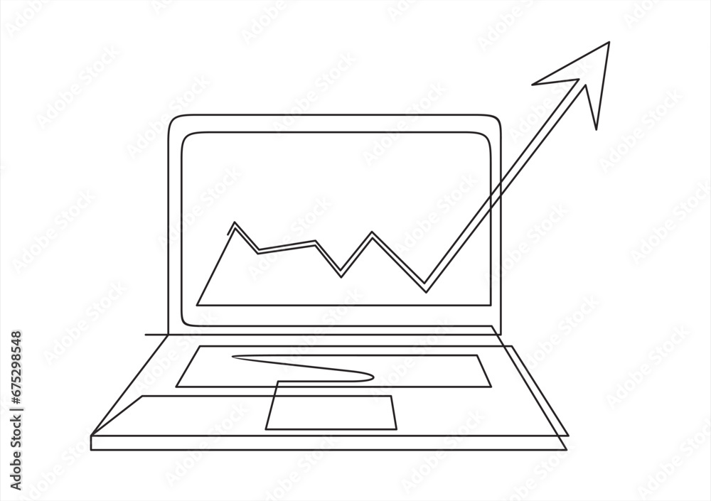 Graph growth indicators on laptop screen in one continuous line hand ...