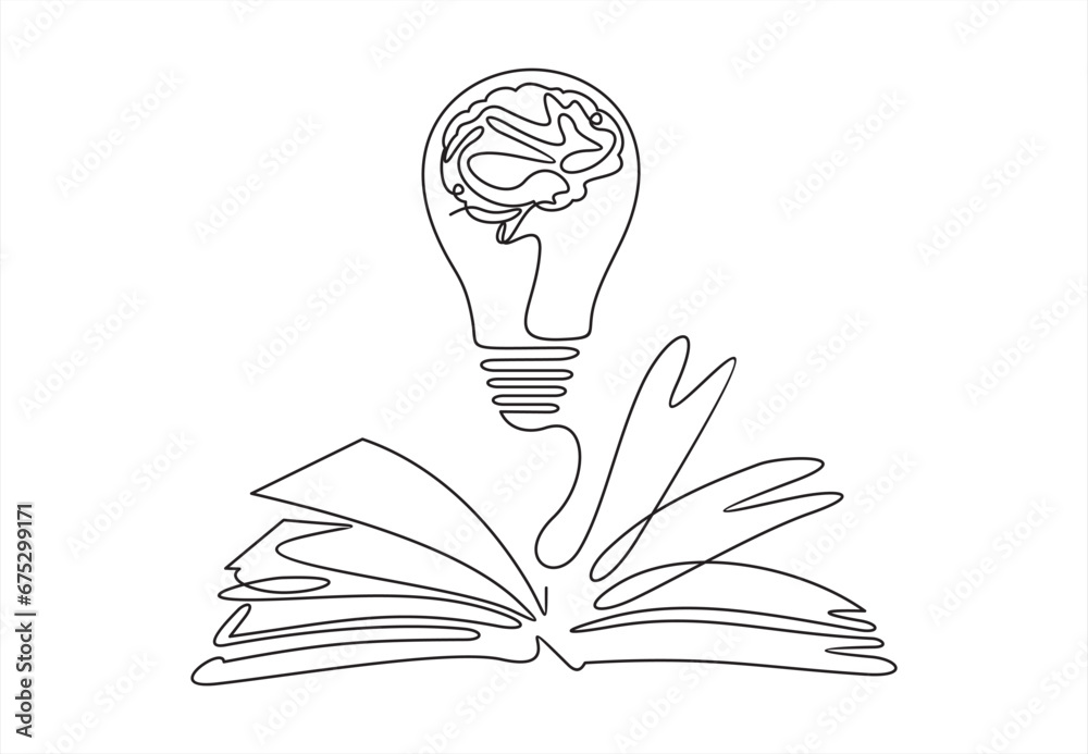One single line drawing of shining light bulb above open text book logo ...