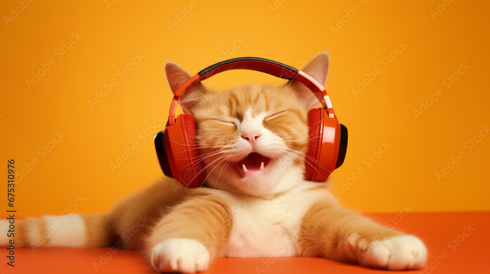 Happy cat wearing headphones portrait on isolated orange background ...