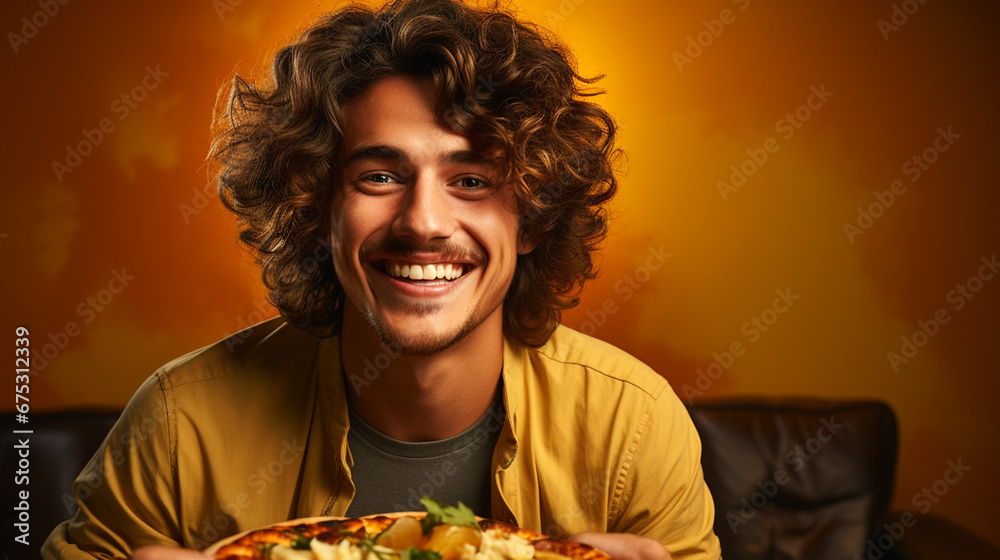 Young Latino man eating pizza. Attractive Italian boy eating a pizza in ...