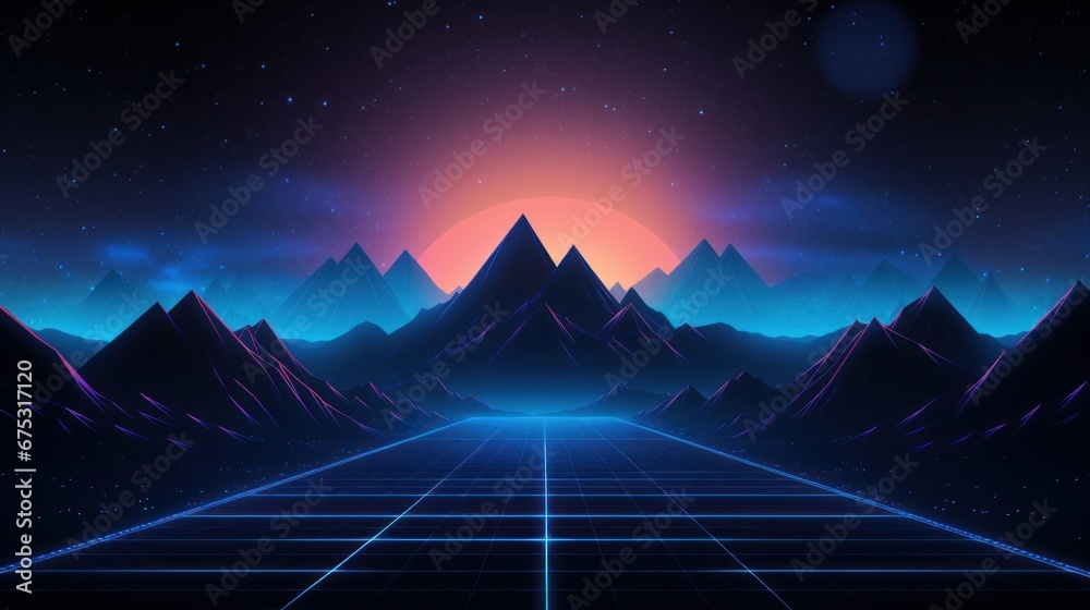 Retro fantastic background of the 80s. Vector mountain wireframe ...