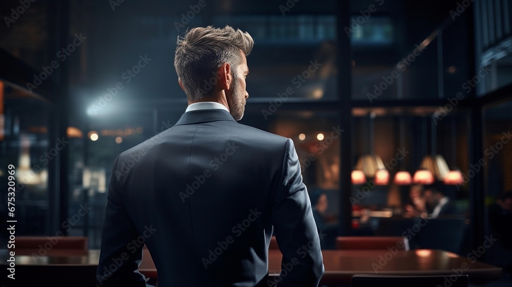 Photo & Art Print business man, back view, in the office, skyline view ...