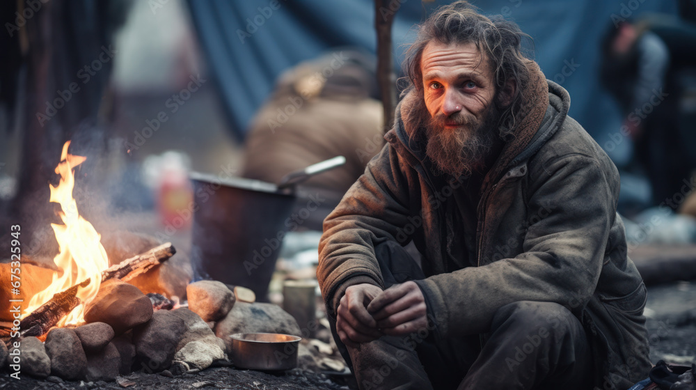 Homeless people. A group of homeless people on the streets light a fire ...