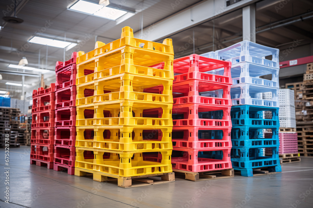 Pile of plastic shipping pallet. Industrial plastic pallet stacked at ...