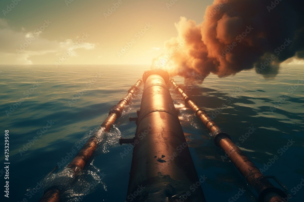 Underwater gas pipeline destruction with an explosion and gas leak on ...