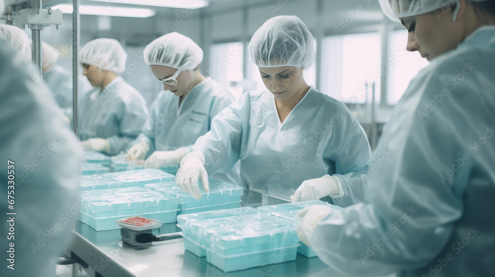 A team packaging and sealing frozen meals in a food manufacturing plant ...