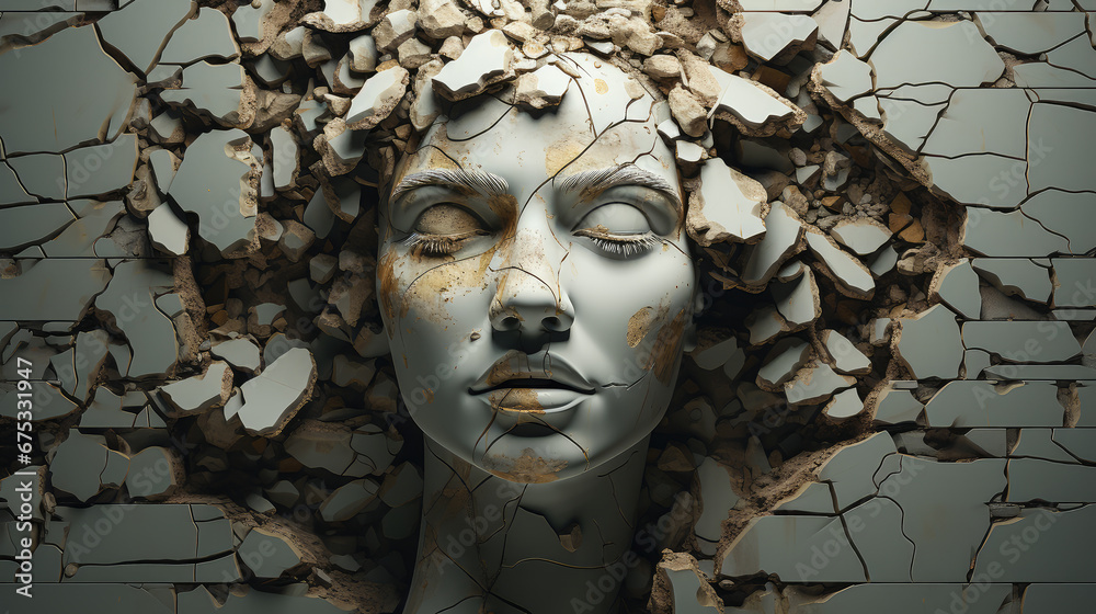 Portrait beautiful woman with white marble face art. Female face with a ...