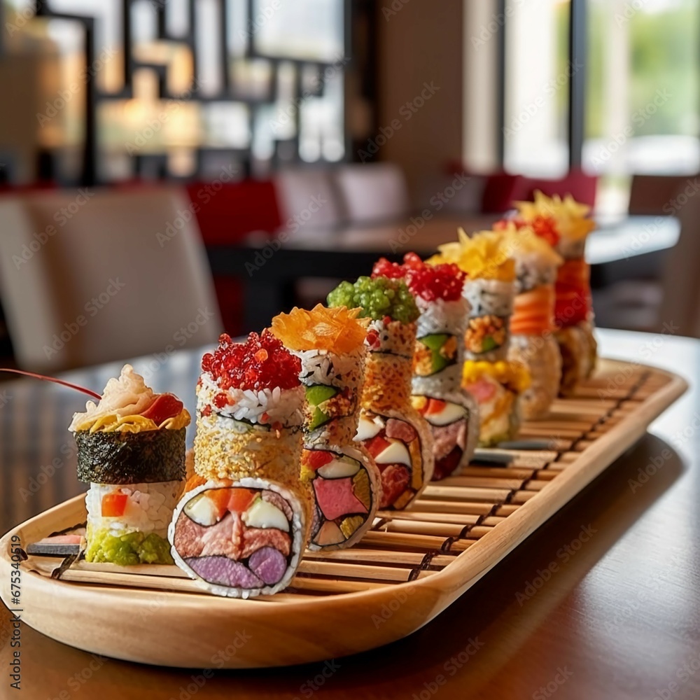 the intricate presentation of a plate of maki sushi sampler, showcasing an array of different ...