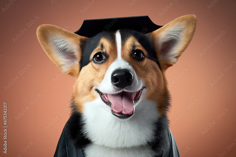 Happy Corgi wearing graduation cap and gown. Finish School. Generative ...