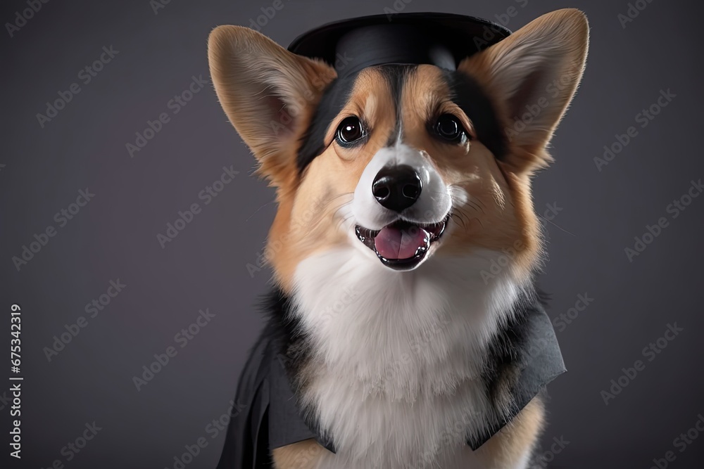 Happy Corgi wearing graduation cap and gown. Finish School. Generative ...