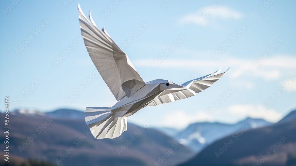 Hyper-realistic origami bird mid-flight, showcasing graceful movement ...
