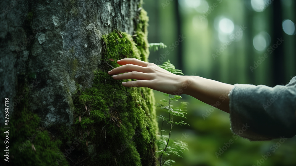 Girl hand touches a tree with moss in the wild forest. Forest ecology ...