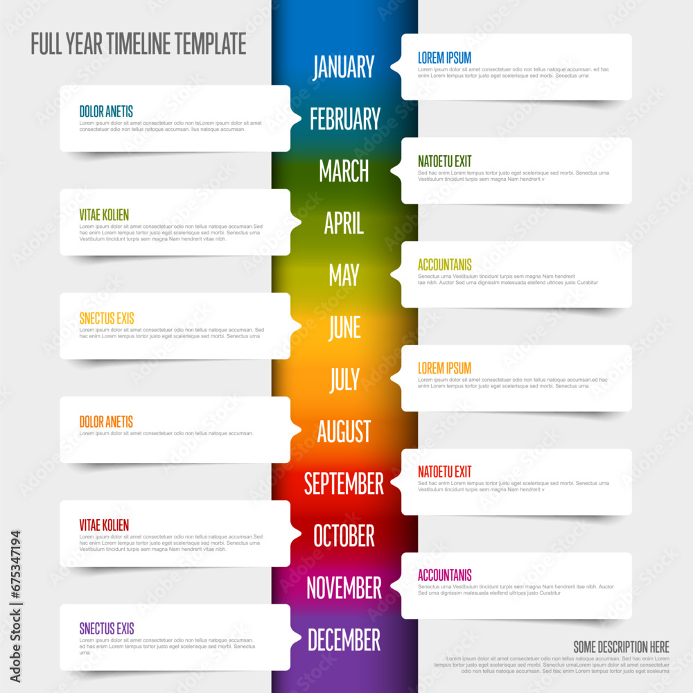 Rainbow full year vertical timeline template with white bubbles Stock ...