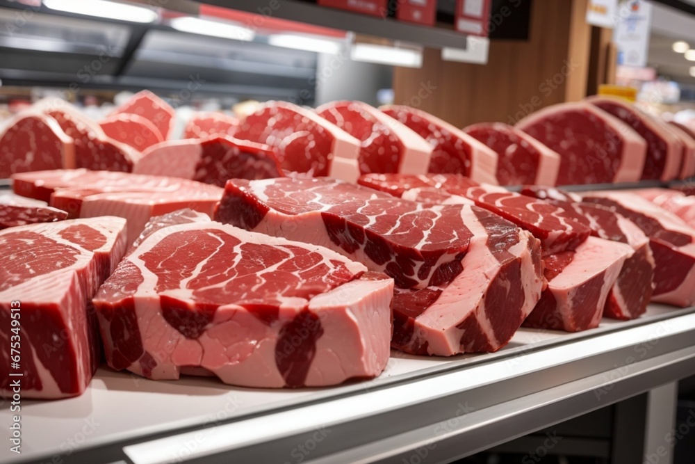 Different cuts of fresh raw red meat in supermarket, variety of prime ...