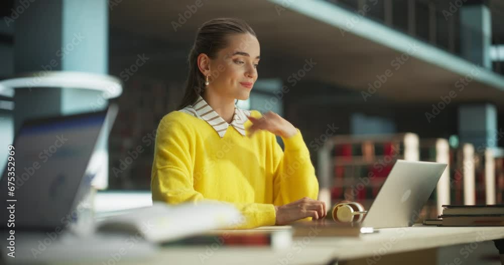 Beautiful Caucasian Female Student Working on Her School Thesis on a ...