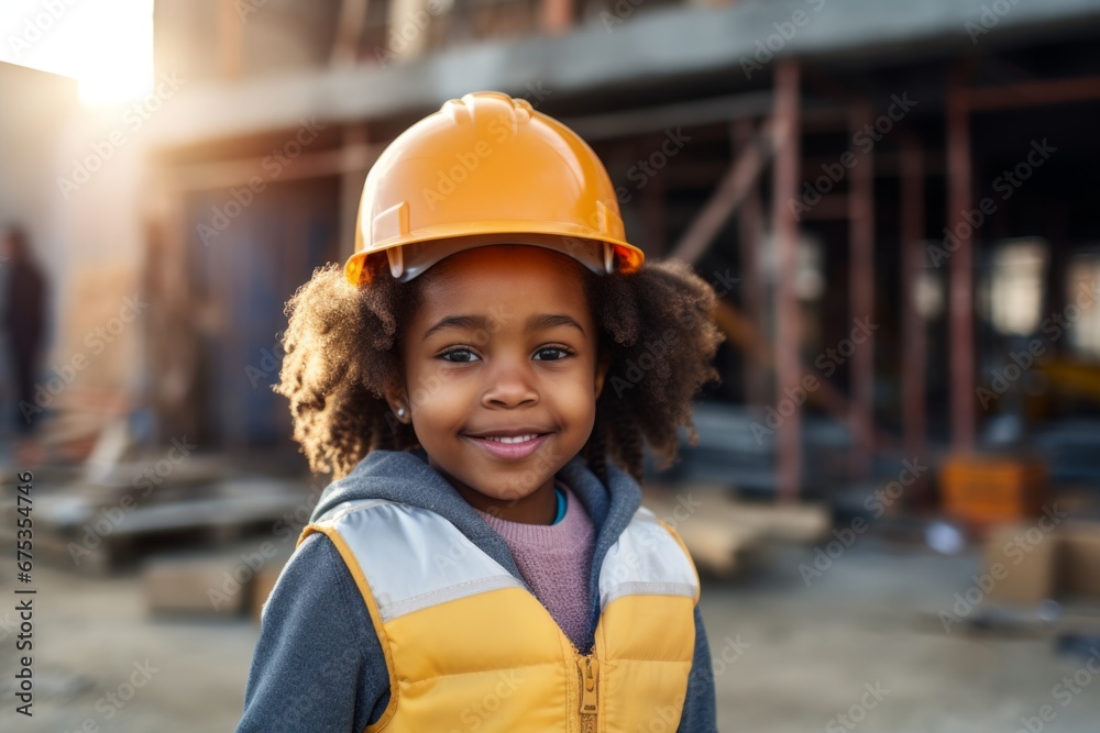 Happy african american child girl in an engineer hard hat at a ...