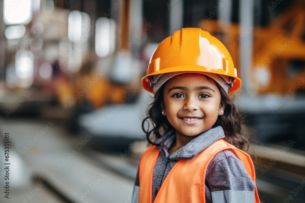 Happy indian child girl in an engineer hard hat at a construction site ...