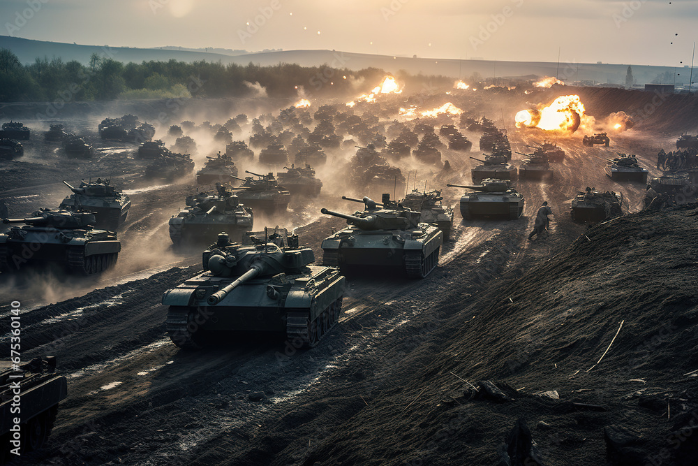 Attack scene with armored vehicles and battle tanks with explosions in ...