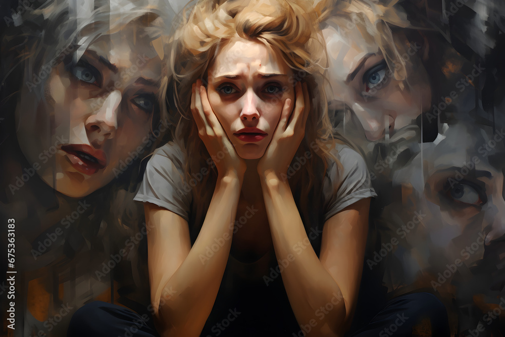 Woman with her head in her hands and a fearful expression in her eyes ...