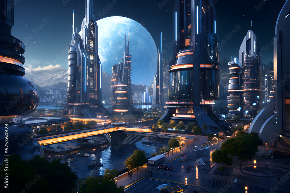 Fictional futuristic city on another planet at night Stock Illustration ...