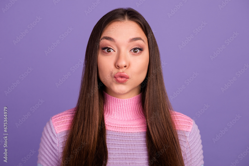 Kiss. Portrait of cute lovely girl sending blowing kiss with pout lips ...