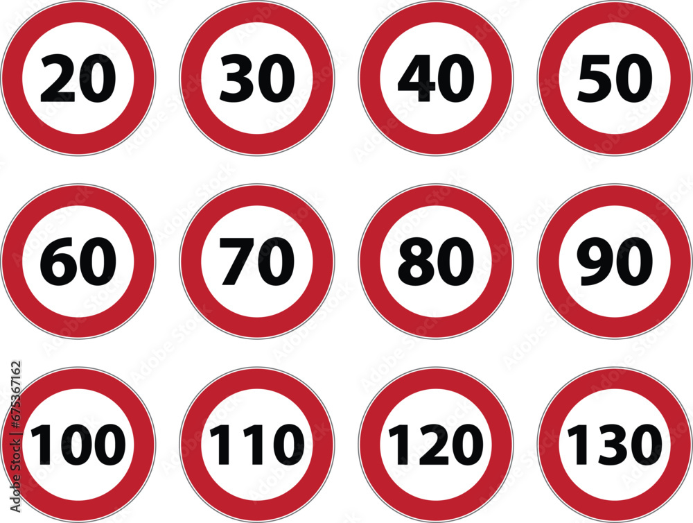 Speed Limit Sign Set, circle speed limit signs with red border, vector ...