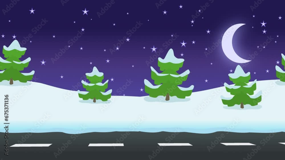 Loop animation of a snowy fir forest with road in horizontal scrolling ...