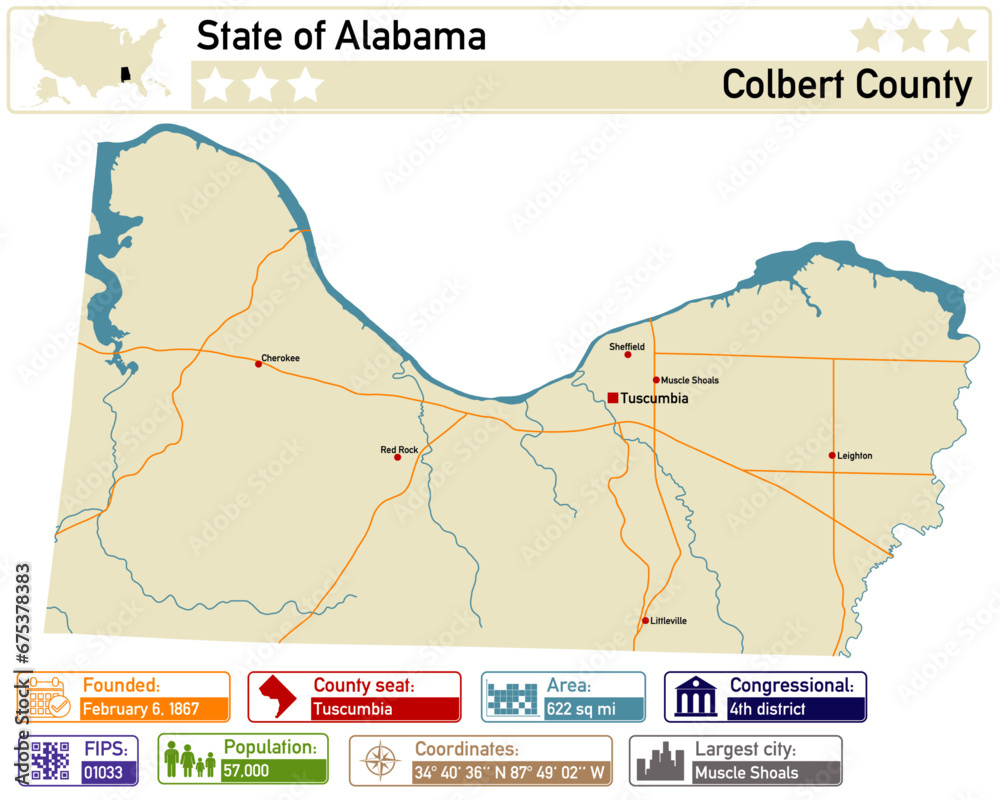 Detailed infographic and map of Colbert County in Alabama USA. Stock ...