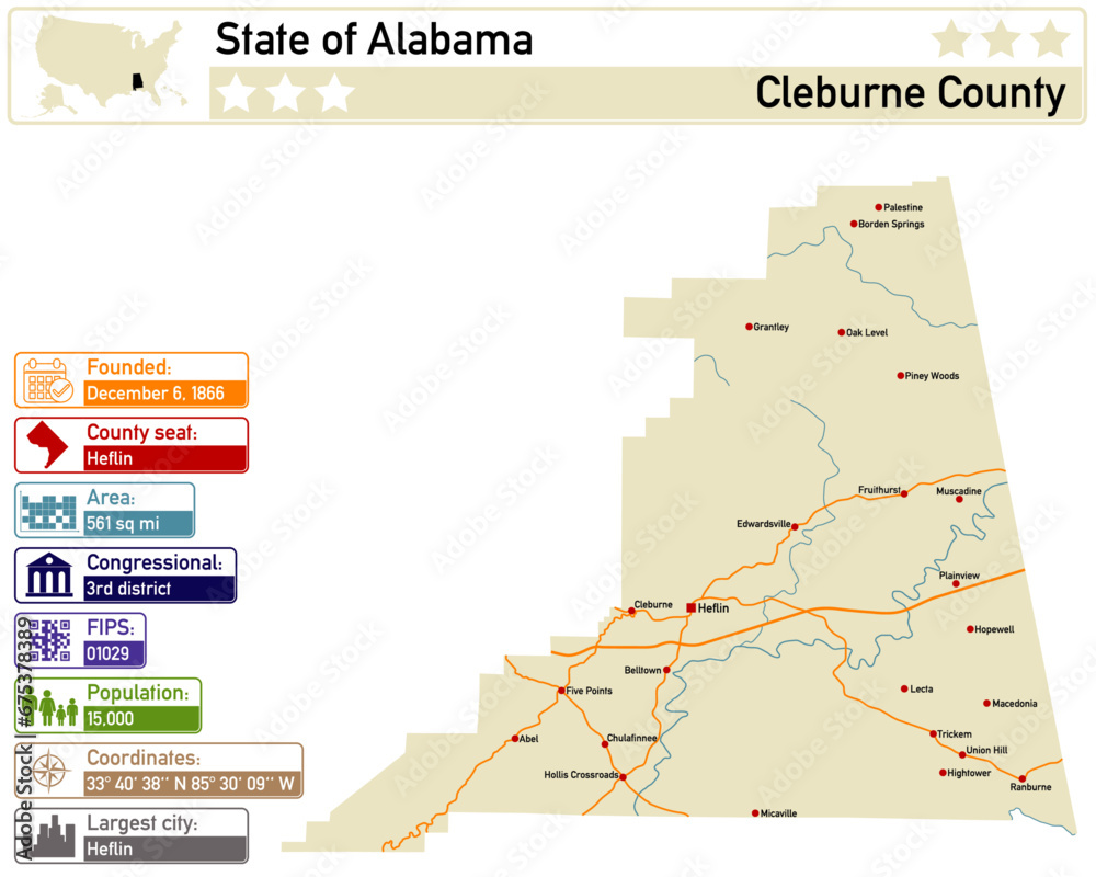 Detailed infographic and map of Cleburne County in Alabama USA. Stock ...
