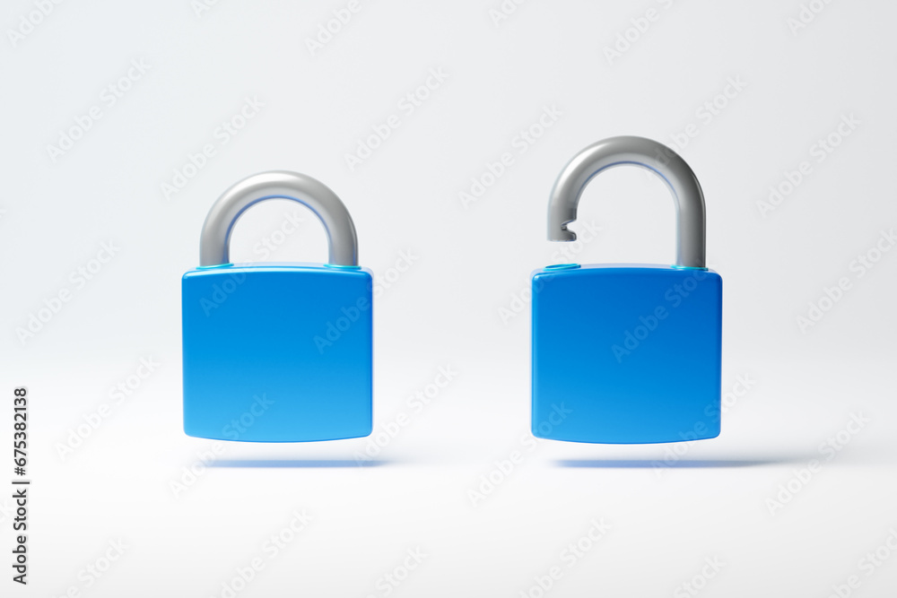 Blue locked and unlocked padlocks isolated over white background ...