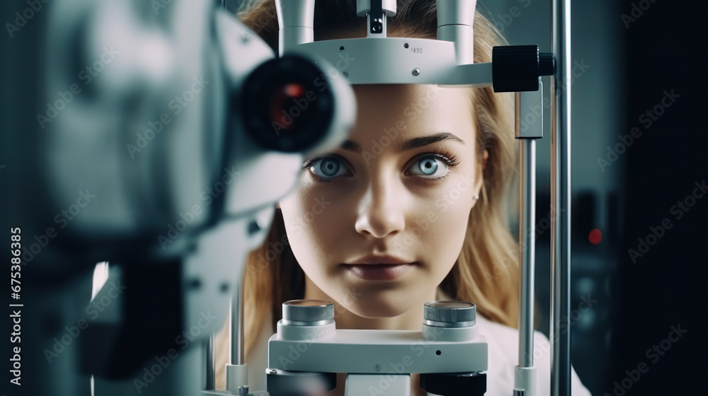 A woman at an appointment with an ophthalmologist, checking her vision ...