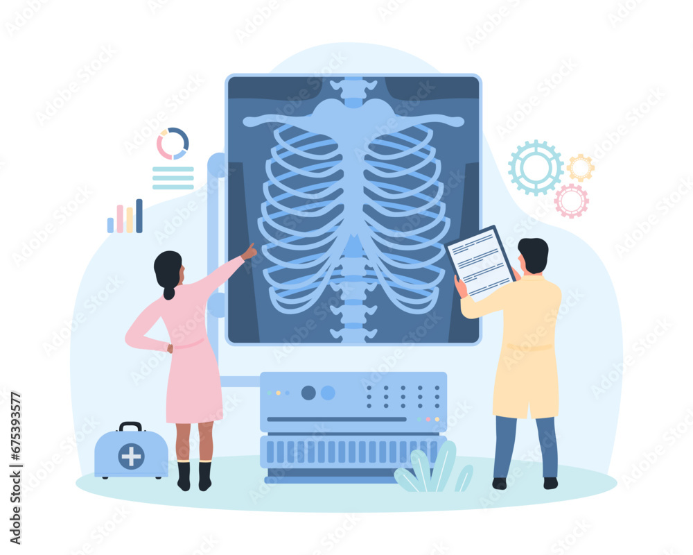 Chest roentgen examination, radiology vector illustration. Cartoon tiny ...