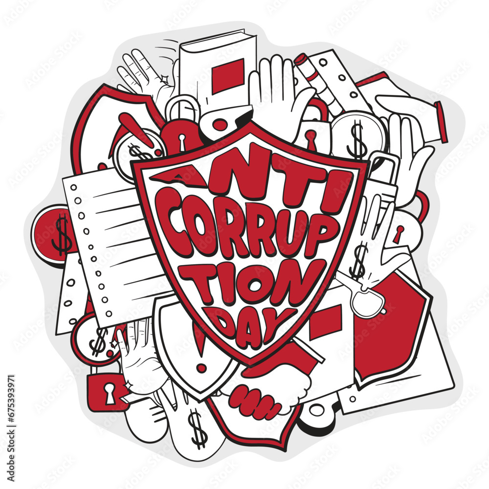 Doodle art design of anti corruption day with shield and corruption ...