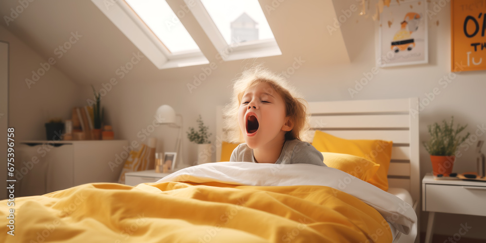 Little sick child crying and coughing in bed in bedroom. Stock Photo ...