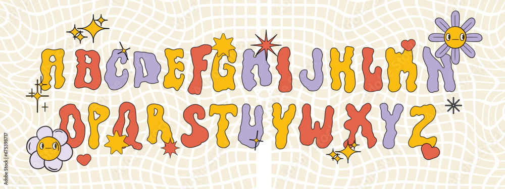 Groovy retro font, vector rave 70s psychedelic alphabet, vintage 60s ...