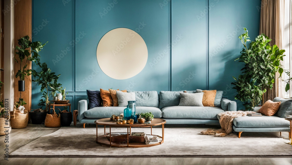 Modern cozy living room and blue wall texture background interior ...