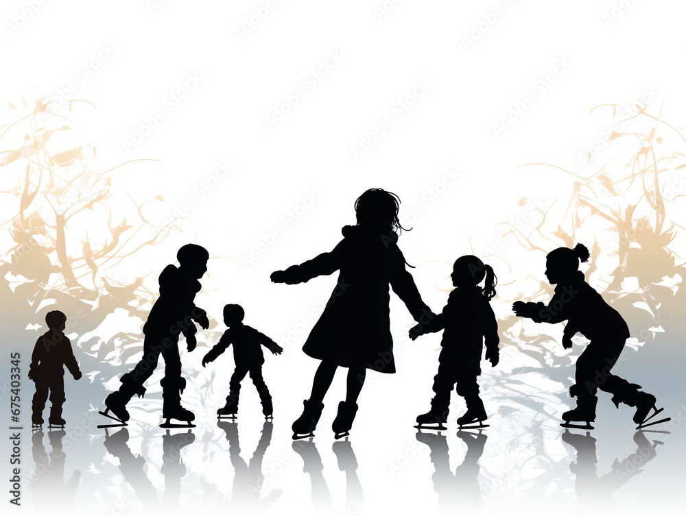 Children are having fun playing ice-skating. 2D flat silhouette style ...