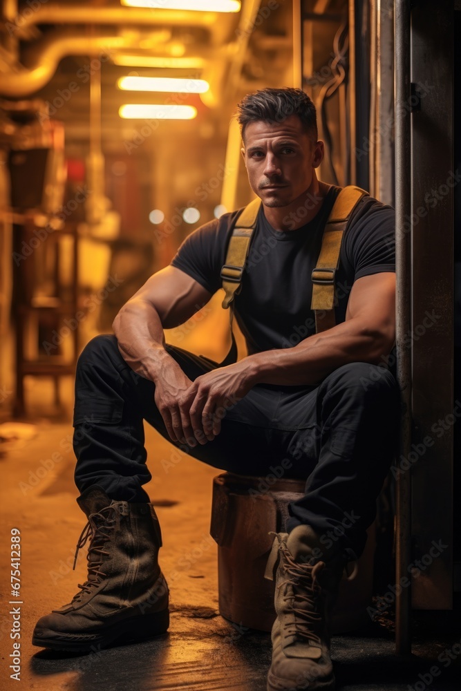 handsome muscular firefighter - seated - sitting - off duty - relaxing ...