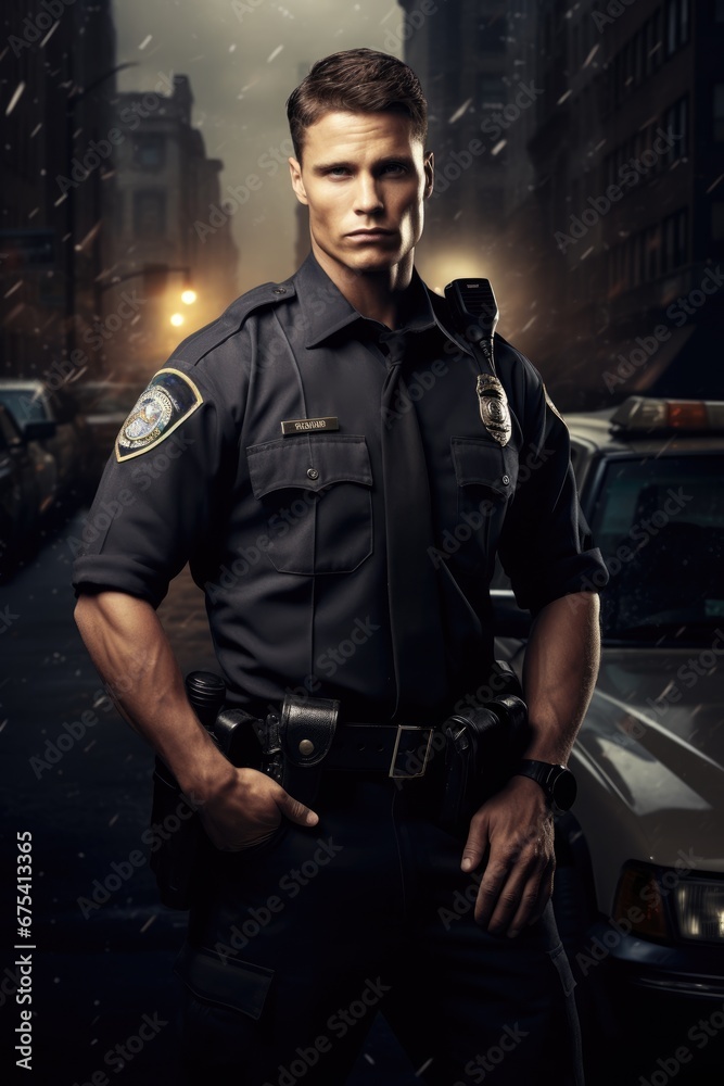 handsome policeman - police officer - wearing uniform in duty - tough ...