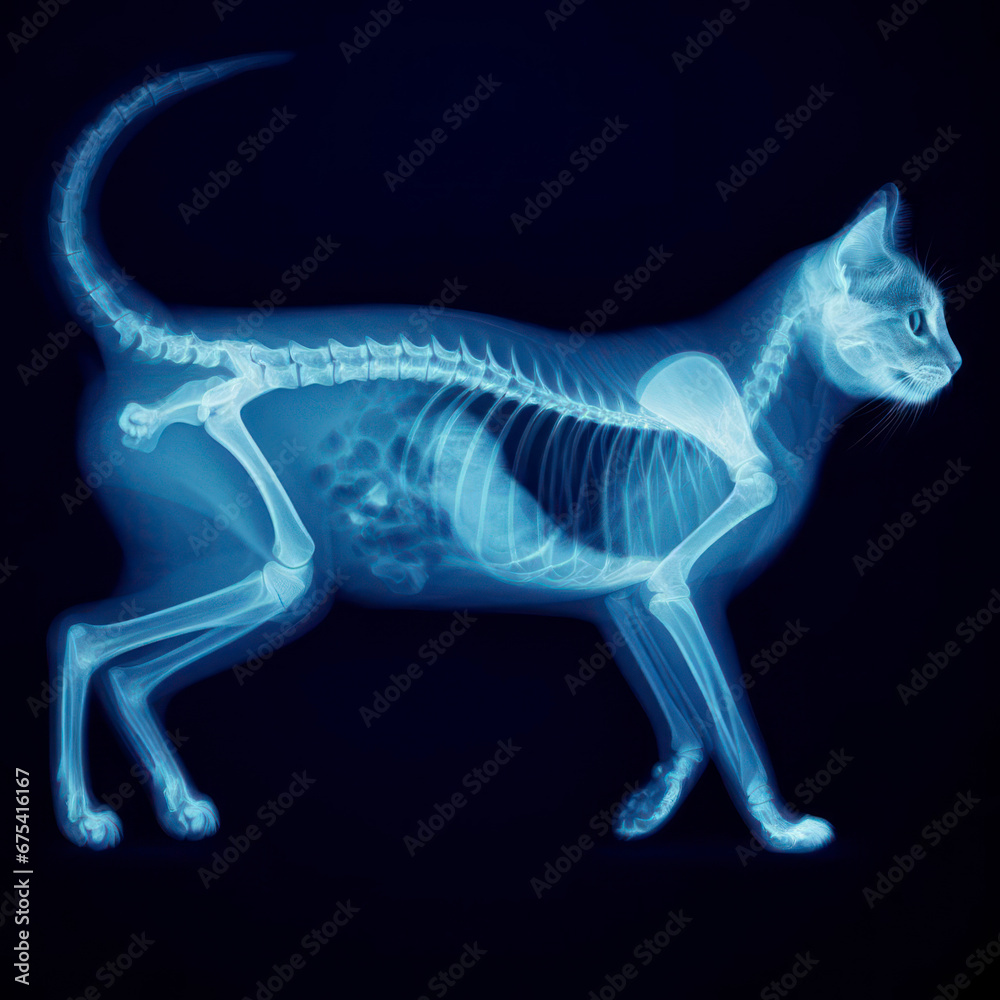 X-ray of a cat full body blue tone radiograph on a black background. ai ...