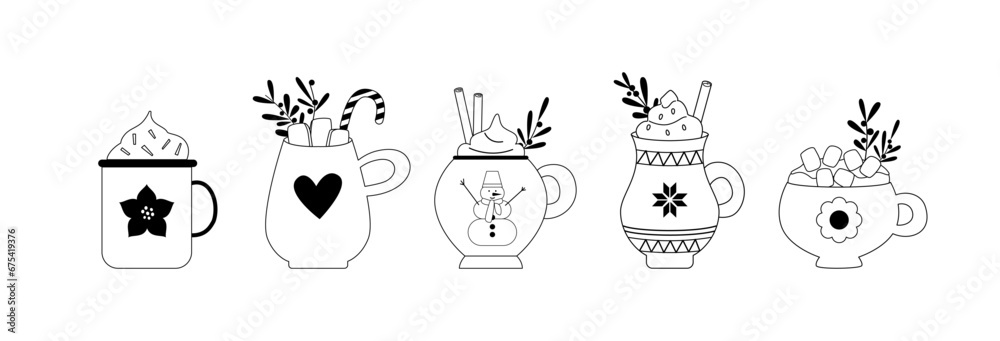 Linear mugs and cups with winter hot drinks. Doodles. Coffee, chocolate ...