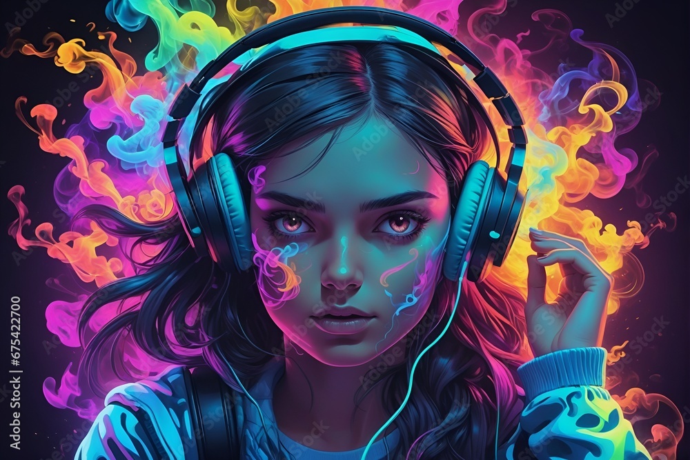 A colorful illustration of a girl with headphones hearing sounds ...