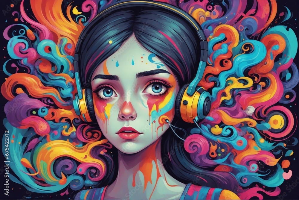 A colorful illustration of a girl with headphones hearing sounds ...