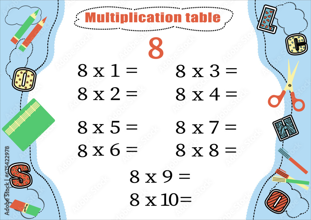 Multiplication table by 8 with a task to consolidate knowledge of ...