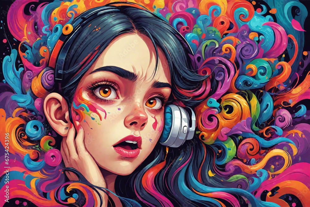 A colorful illustration of a girl wearing headphones hearing sounds and ...