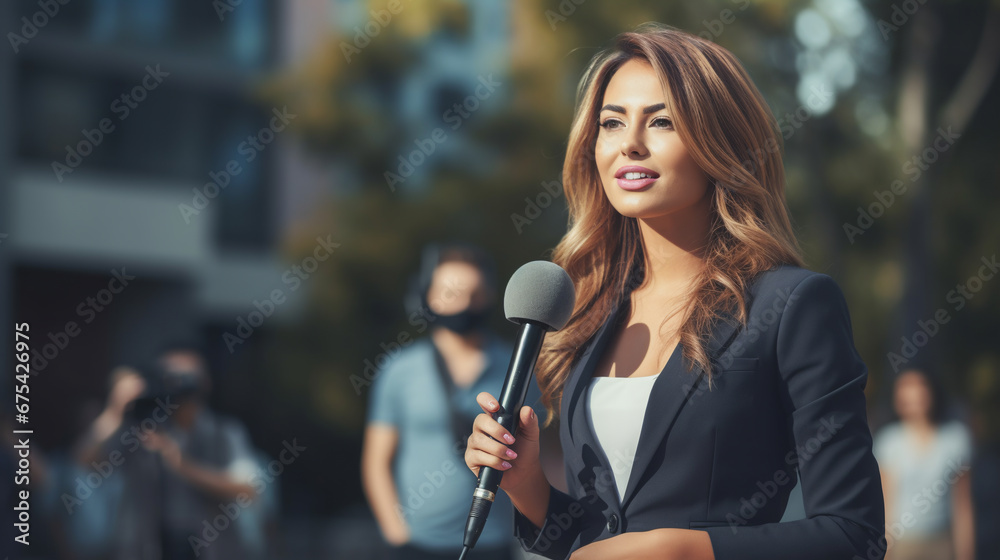 Photo & Art Print journalist and TV presenter conducts a live report ...