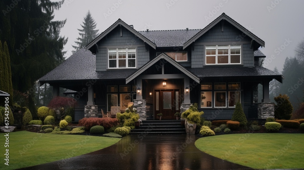Gray house exterior with column porch and stone wall trim on a rainy ...