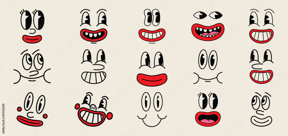 Set of 70s groovy comic faces vector. Collection of cartoon character ...