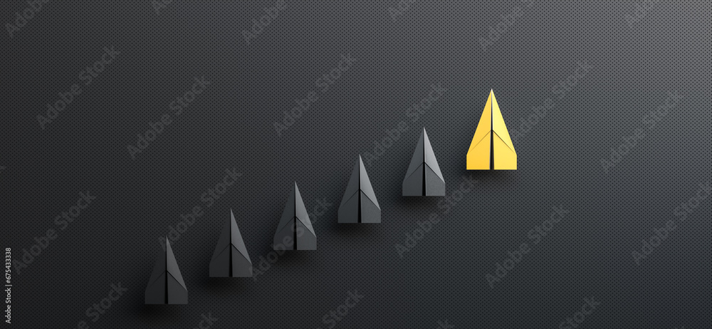 Leadership concept, yellow leader plane leading black planes, on black ...