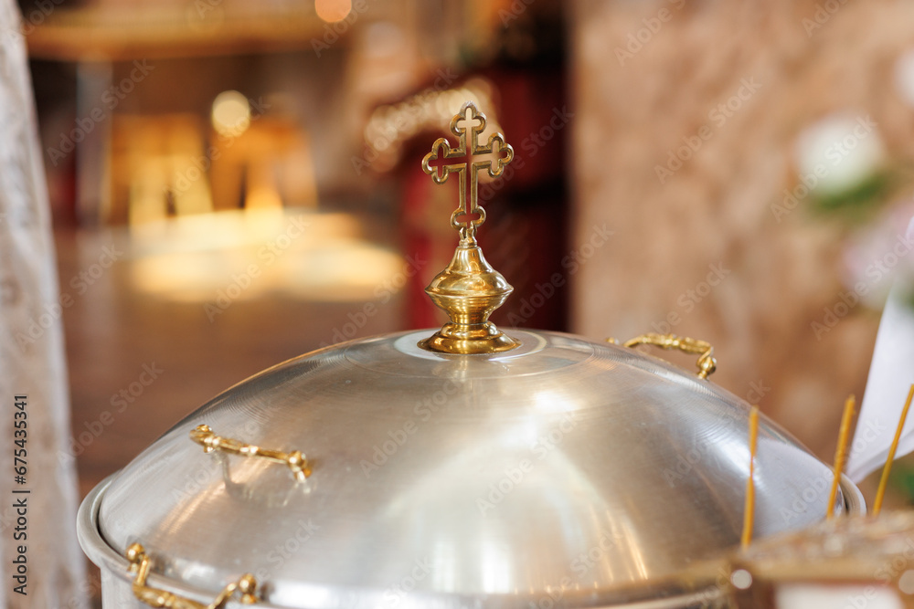Aluminium church font, large bowl, with golden cross and saint water ...